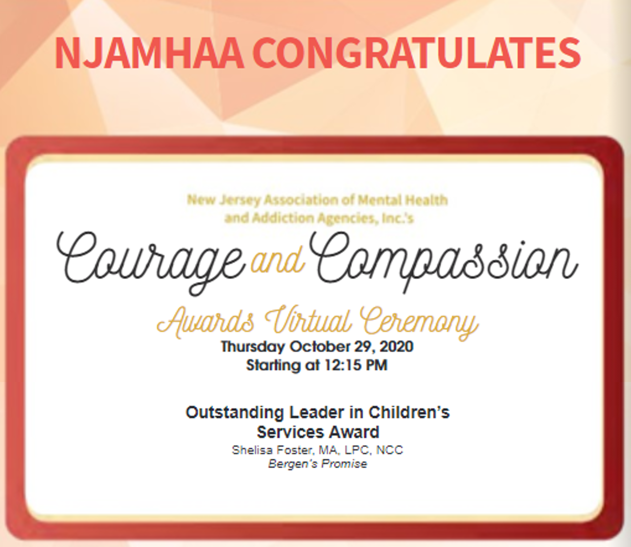 Shelisa Foster Recipient of NJAMHAA Award